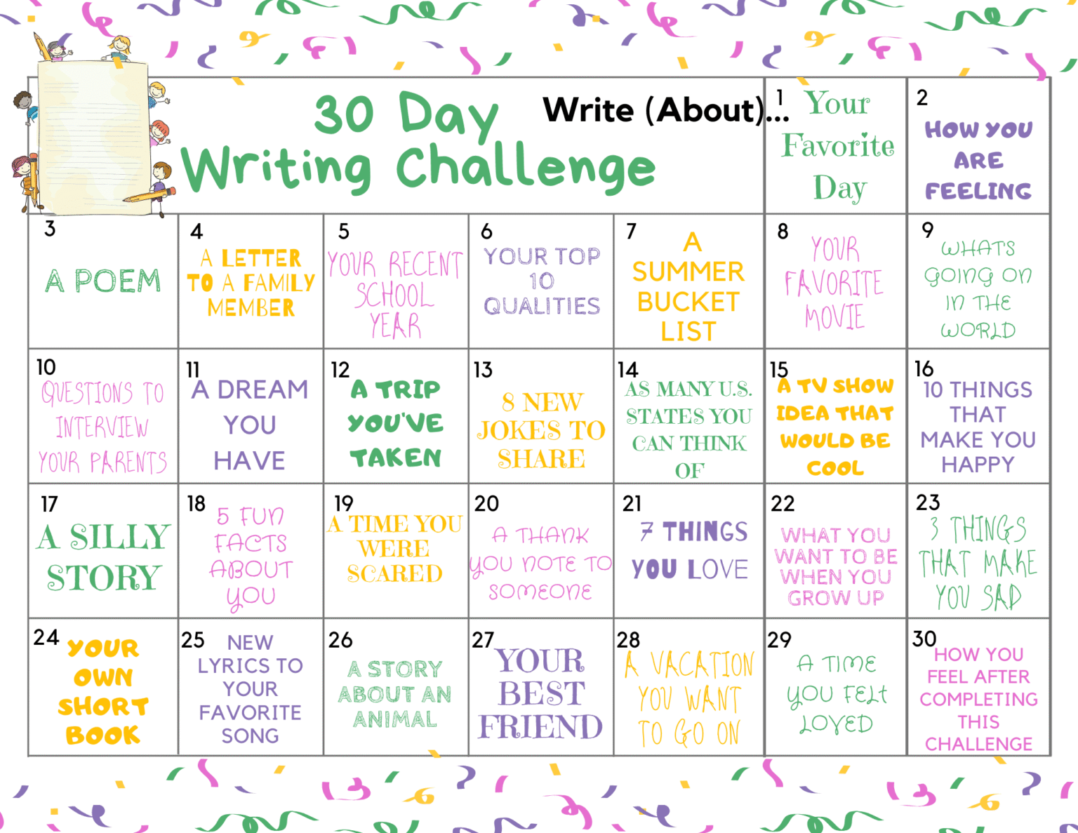 30 Day Writing Challenge for Kids - About a Mom