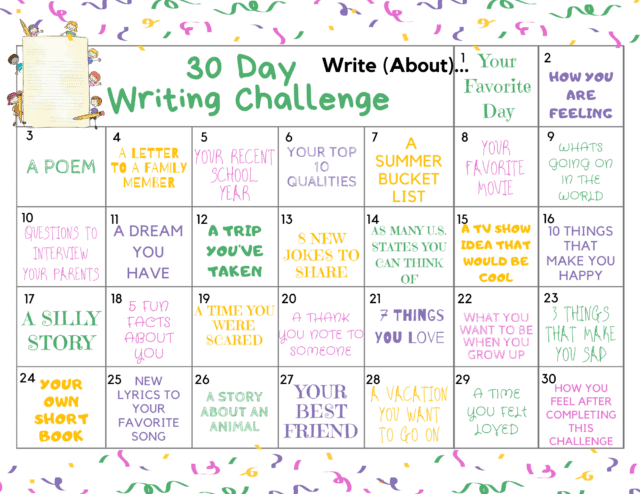 30 Day Writing Challenge for Kids - About a Mom