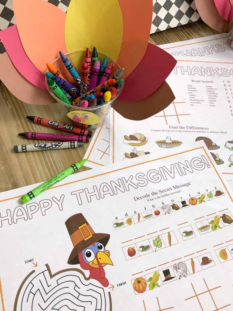 Turkey Crayon Cups with Thanksgiving Placemat Printable - About a Mom