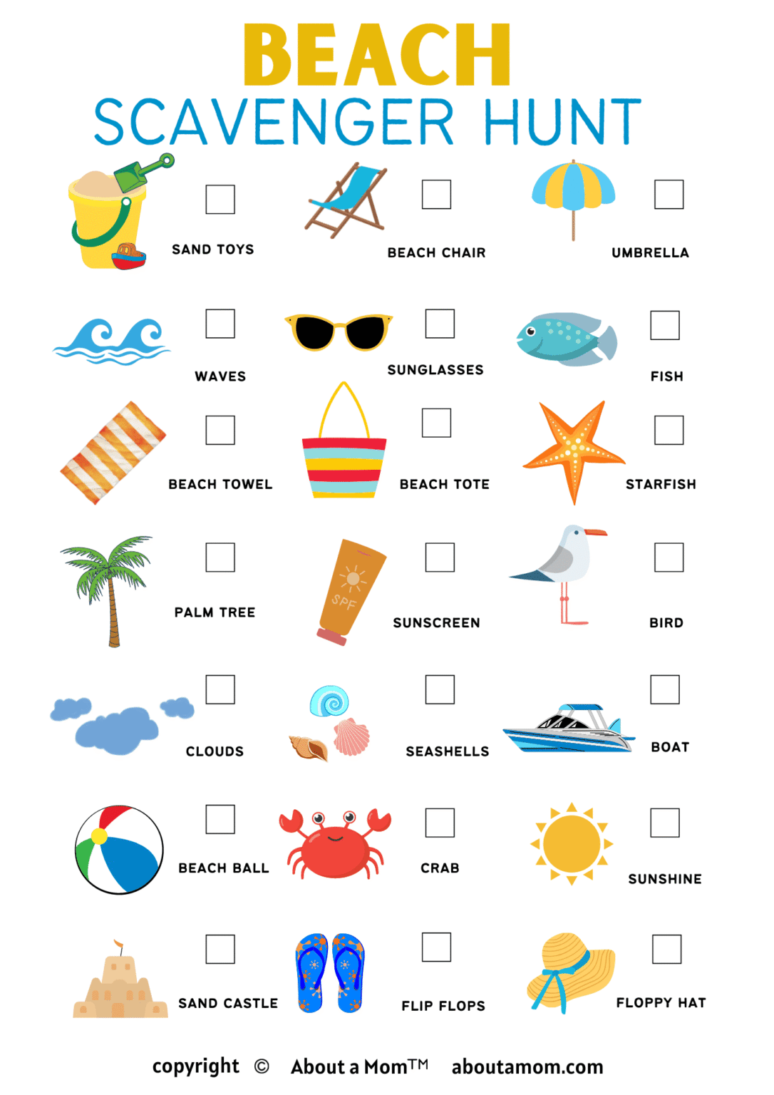 Free Beach Scavenger Hunt Printable - About a Mom
