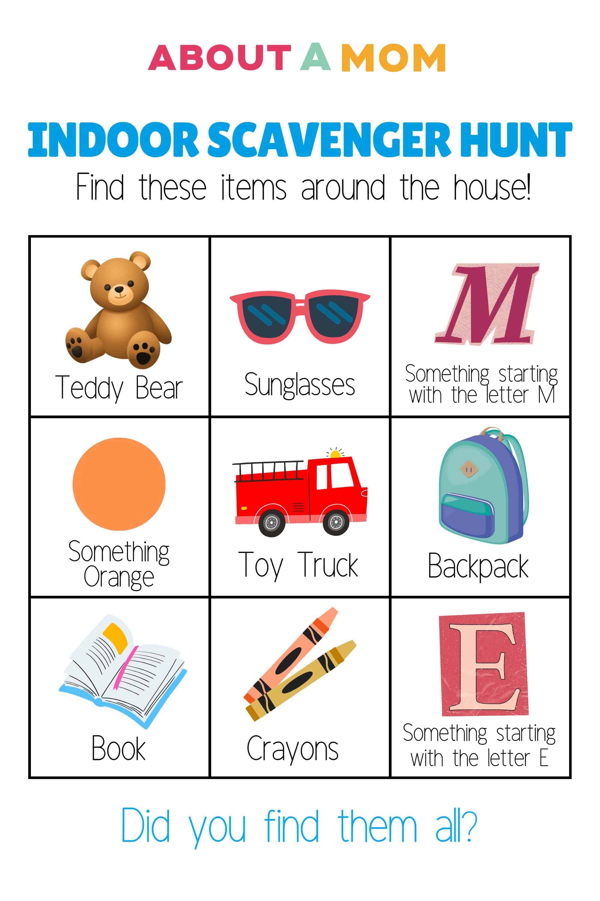 Free Indoor Scavenger Hunt Printable - About a Mom